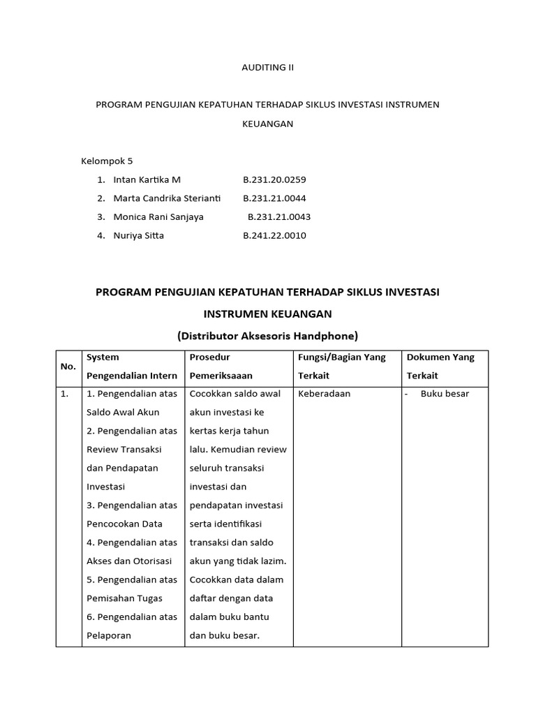AUDITING II - Uji Kepatuhan Siklus Investasi Instrumen Keuangan | PDF ...