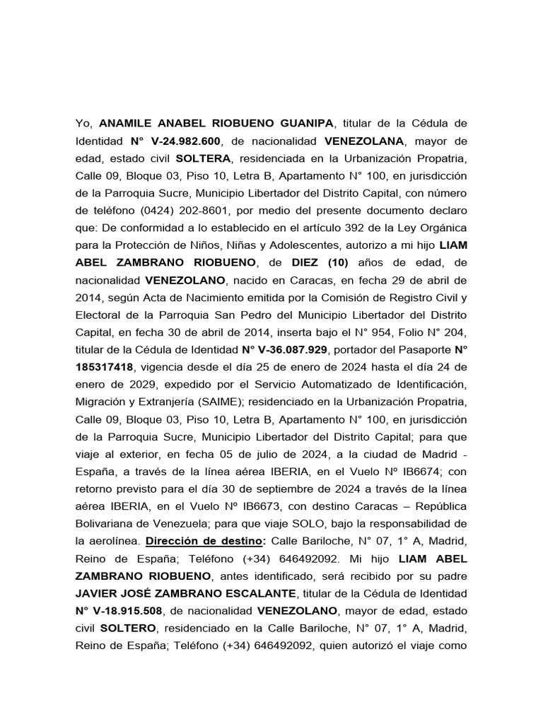 Autorizacion Viaje Liam Zambrano | PDF | Documento de identidad | Gobierno y personalidad