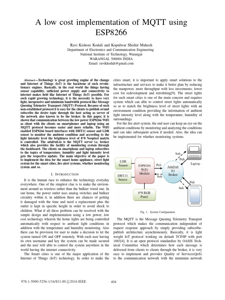 A Low Cost Implementation Of Mqtt Using Esp8266 Pdf Internet Of