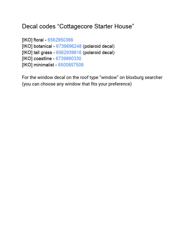 Cottagecore Decal Codes for Bloxburg | PDF