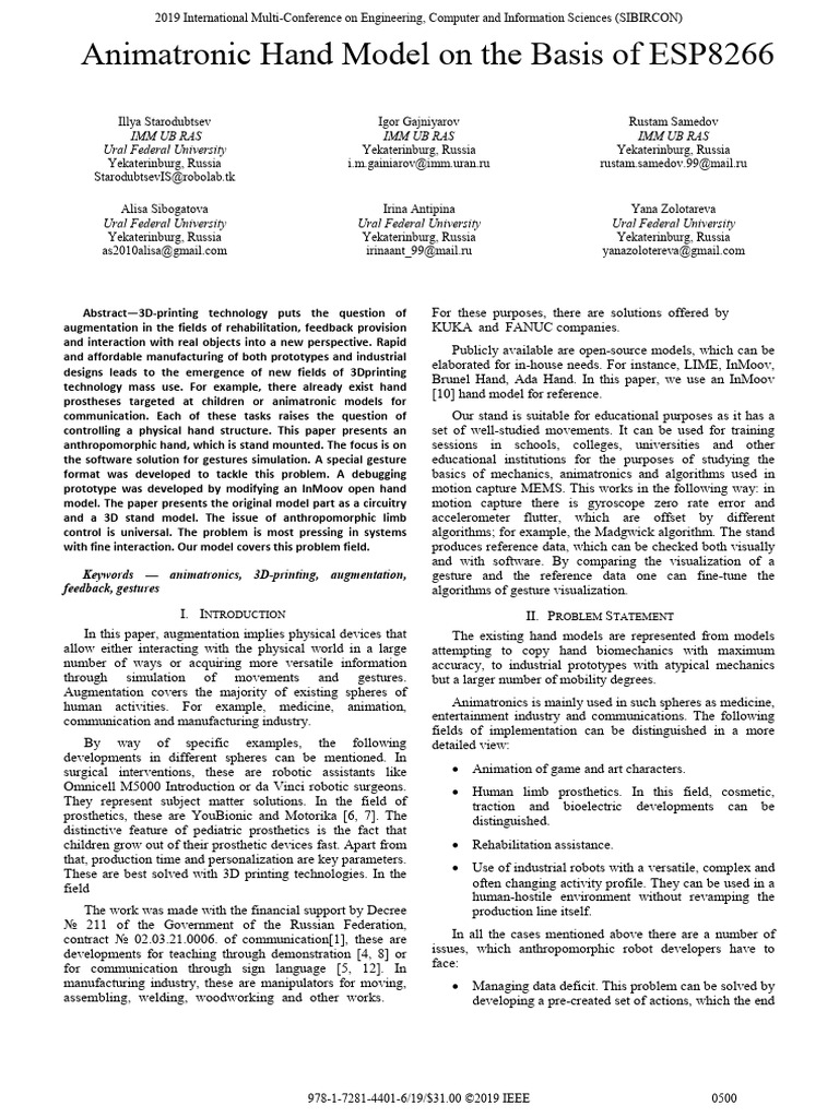 Animatronic Hand Model On The Basis of ESP8266 | PDF | Prosthesis | Hand