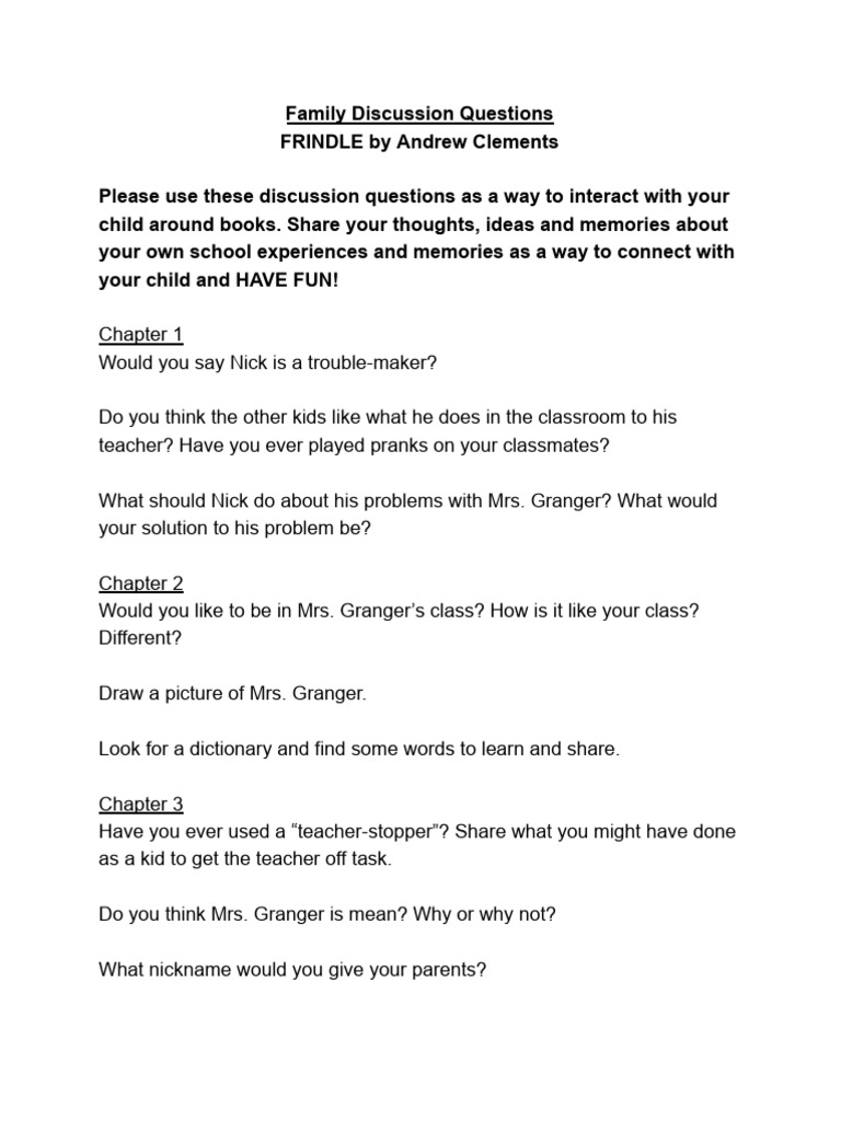 Frindle Family Discussion Questions | PDF | Language Arts & Discipline ...