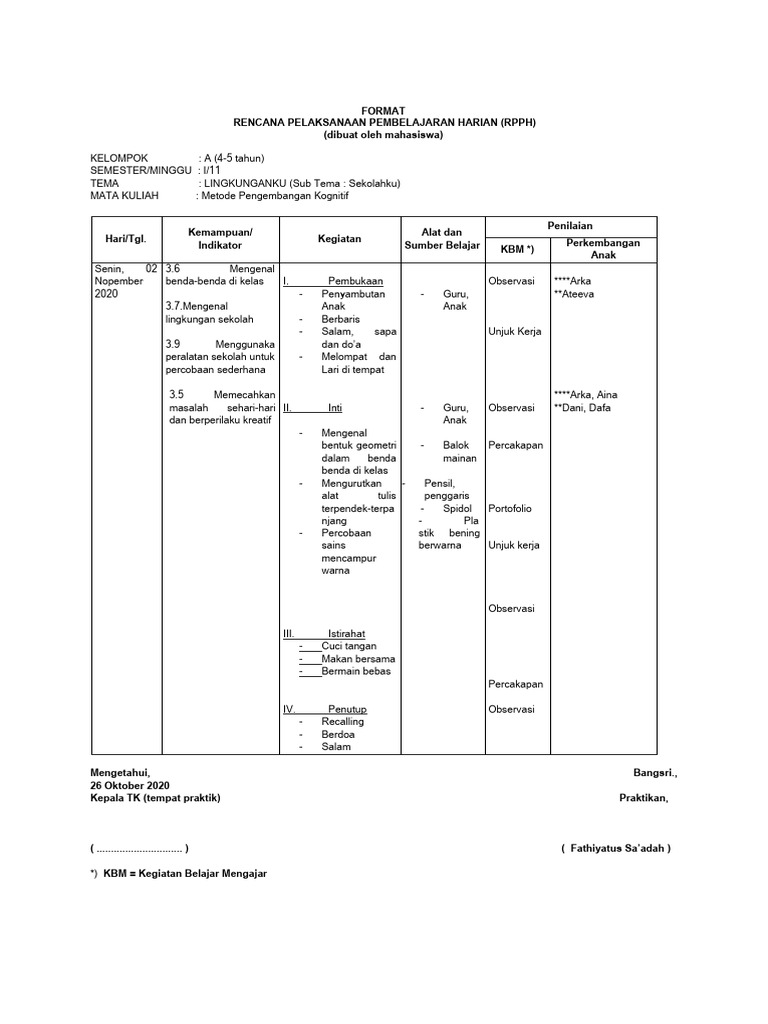 Format RPPH - KOGNITIF | PDF