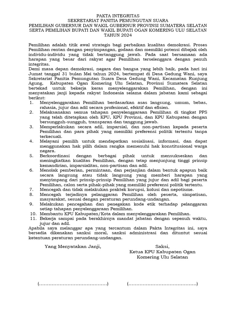 Template Pakta - Integritas - Sekretariat PPS Pilkada Serentak 2024 | PDF