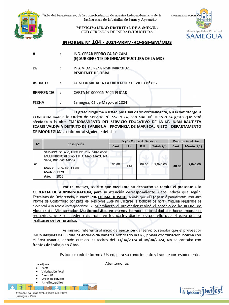 Conformidad Orden de Servicio N° 662 | PDF | Finanzas y dinero