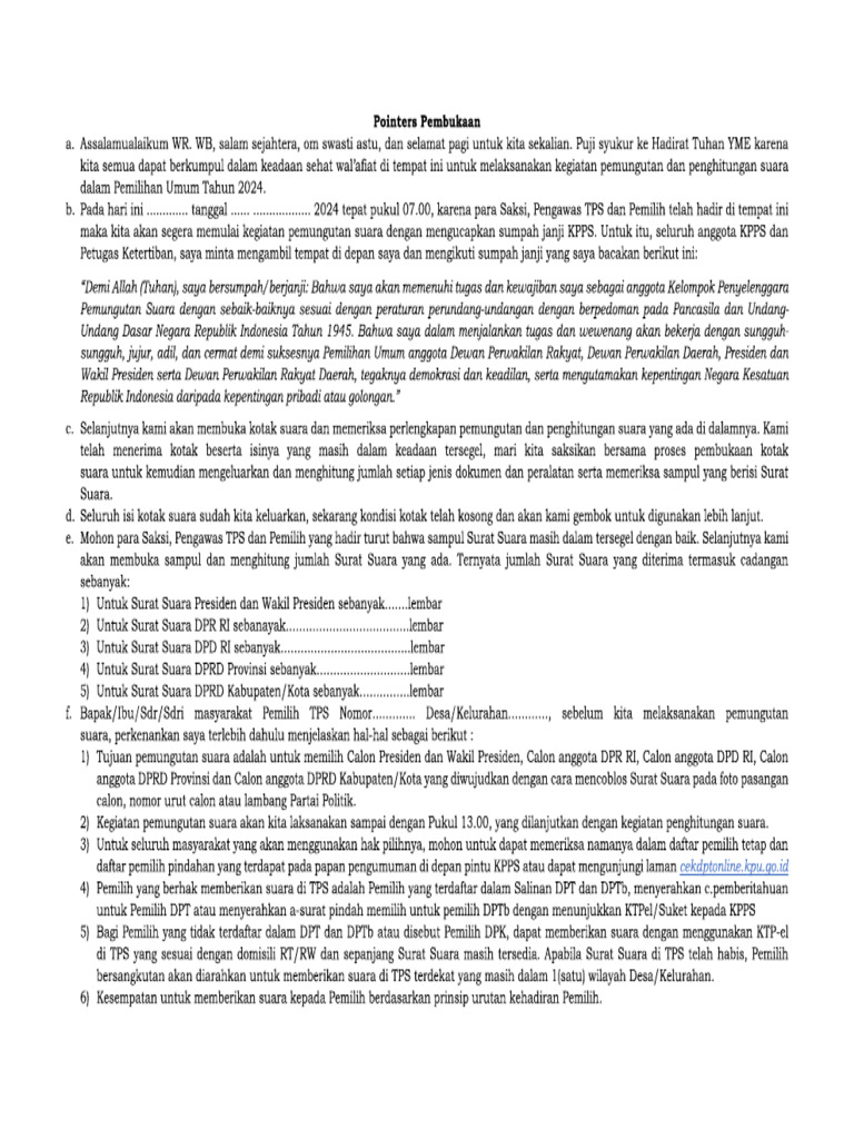 Pointers Pembukaan Ketua Kpps Di TPS | PDF