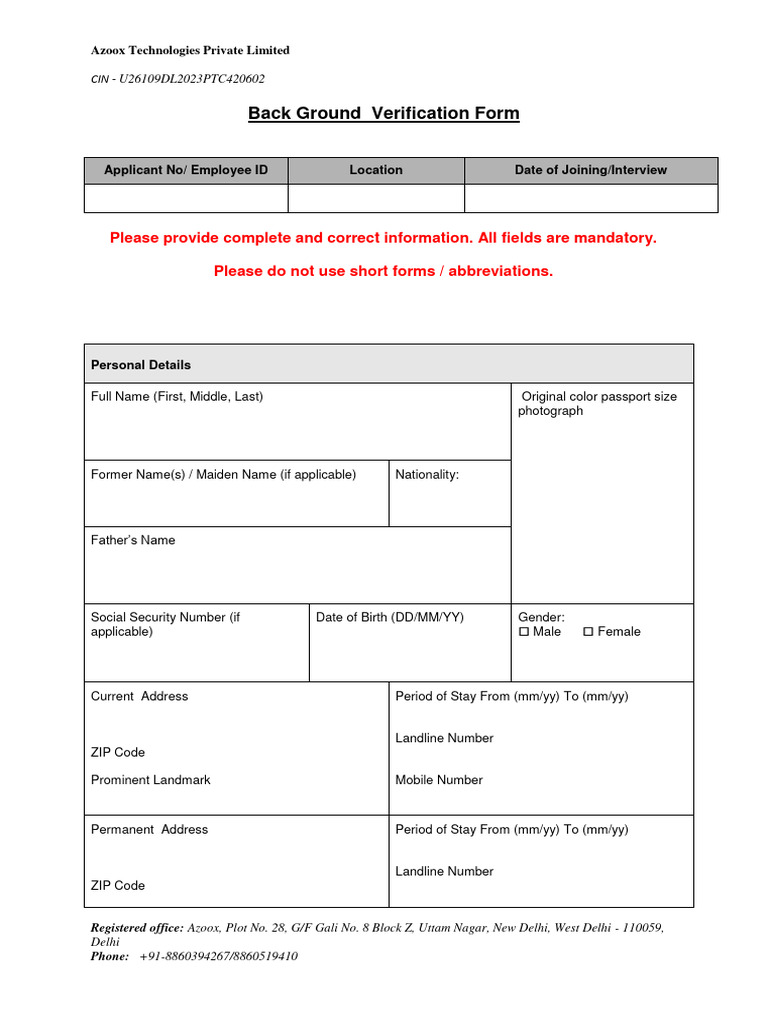 Azoox Background Verification Form | PDF | Employment | Justice