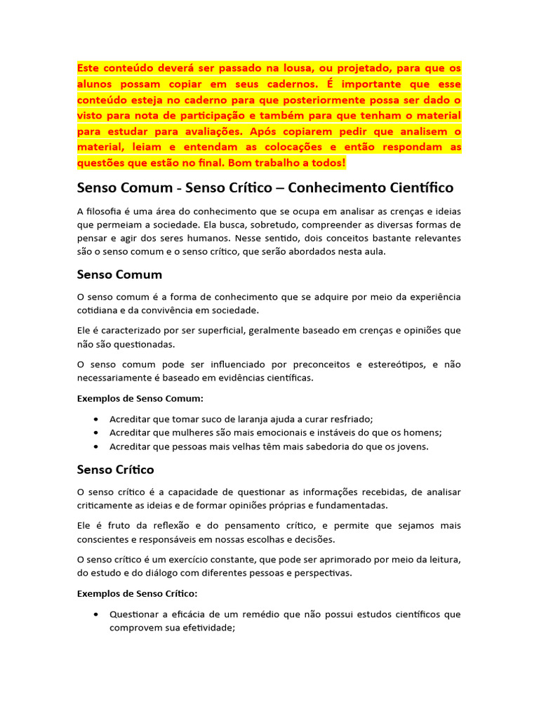 Senso Crítico e Senso Comum na Filosofia | PDF | Science | Conhecimento