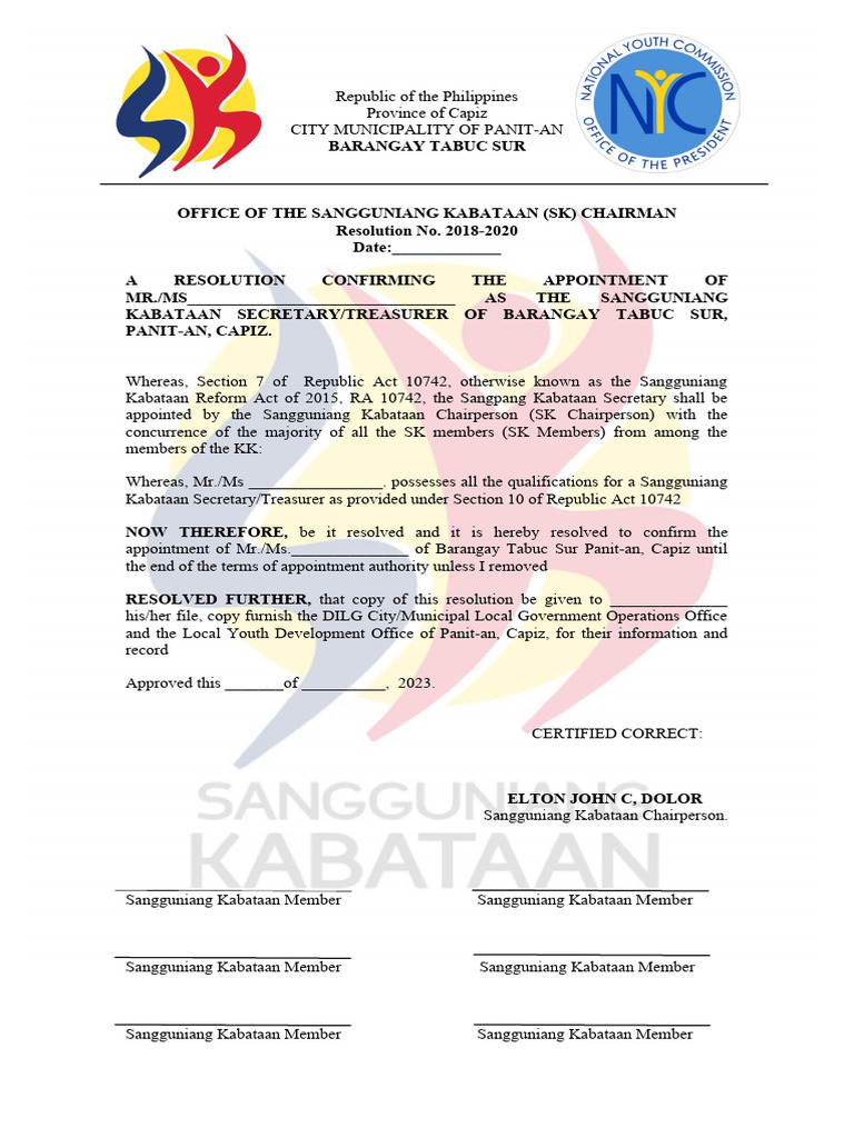 SK-Confirming-Appointment-Letter-for-Secretary-Treasurer | PDF