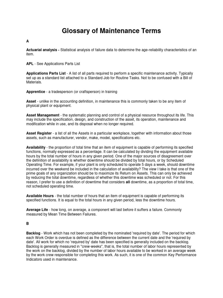 Maintenance Terms Glossary | PDF | Reliability Engineering | Systems ...