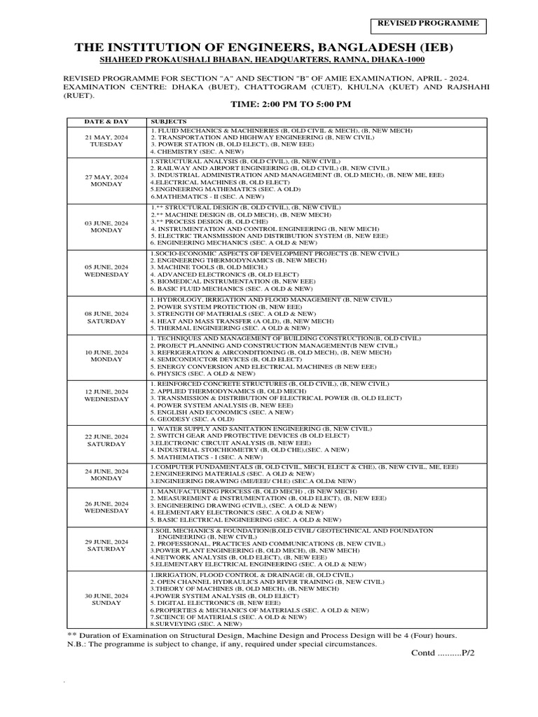 The Institution of Engineers, Bangladesh (Ieb) : TIME: 2:00 PM TO 5:00 ...