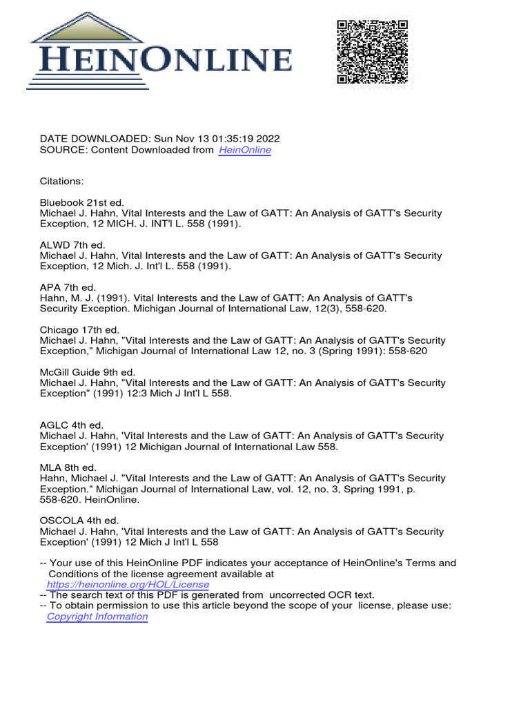 Vital Interests and The Law of GATT An Analysis of GATT's Security ...
