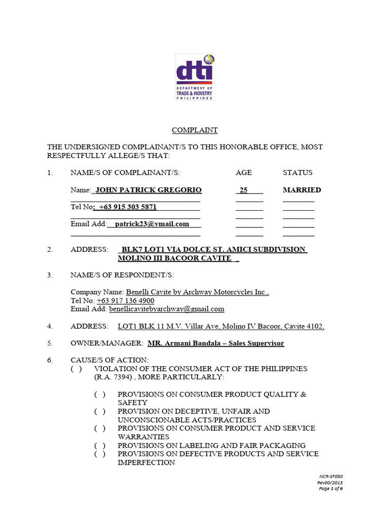 40 NCR-SF050 - Complaint Form | PDF