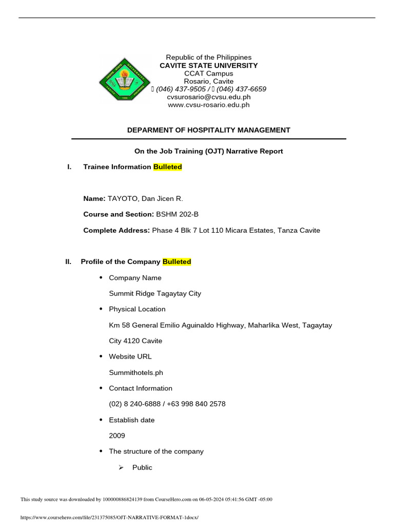 Ojt Narrative Format 1 | Download Free PDF | Housekeeping | Communication