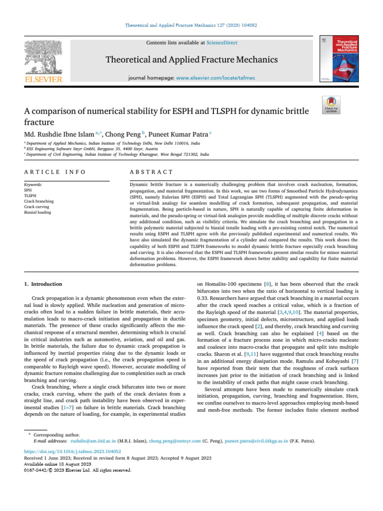 A Comparison of Numerical Stability For ESPH and TLSPH For Dynamic Brittle Fracture | PDF ...