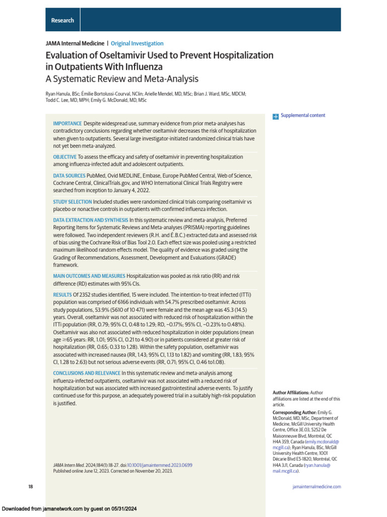 Evaluation of Oseltamivir Used To Prevent Hospitalization-Meta Analsis ...