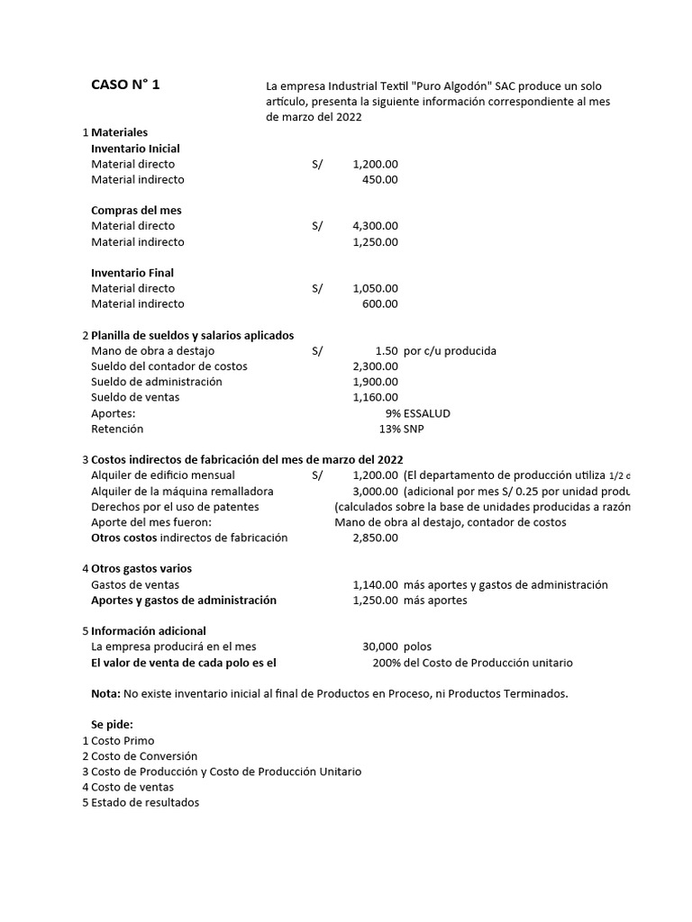 S03.s2 - COSTOS DIRECTOS E INDIRECTOS - CASO PRÁCTICO COSTOS INDIRECTOS DE FABRICACIÓN | PDF ...