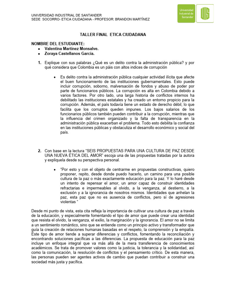 Taller Final Etica | PDF | Soborno | Corrupción política
