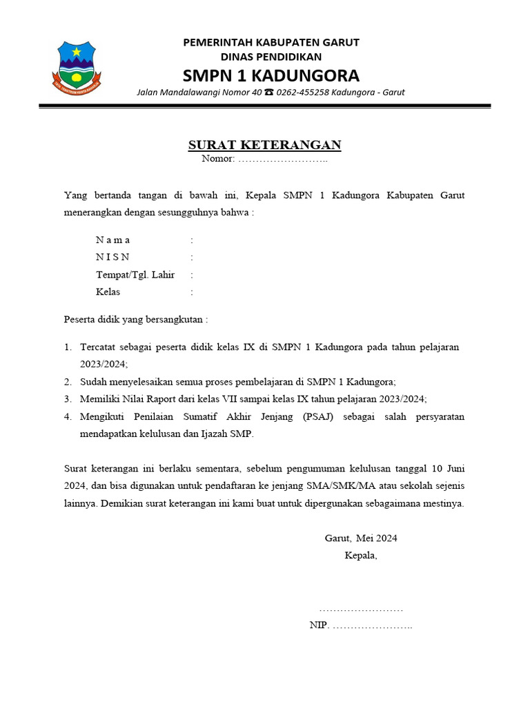 Surat Keterangan Ketuntasan KBM (2023-2024) | PDF