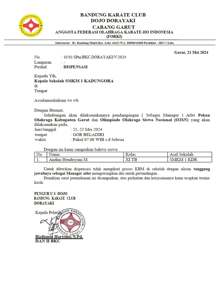 Surat Dispen Karate | PDF