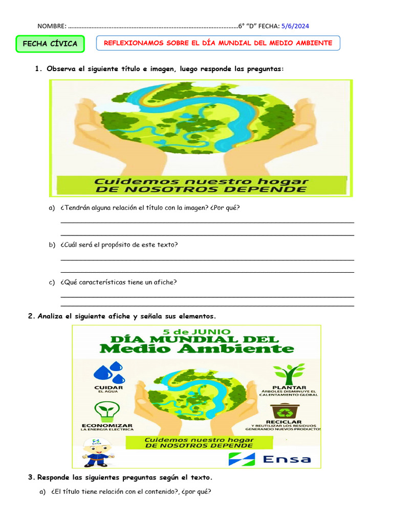 Ficha-Fecha Cívica 5-6 Día Mundial Del Medio Ambiente | Descargar ...