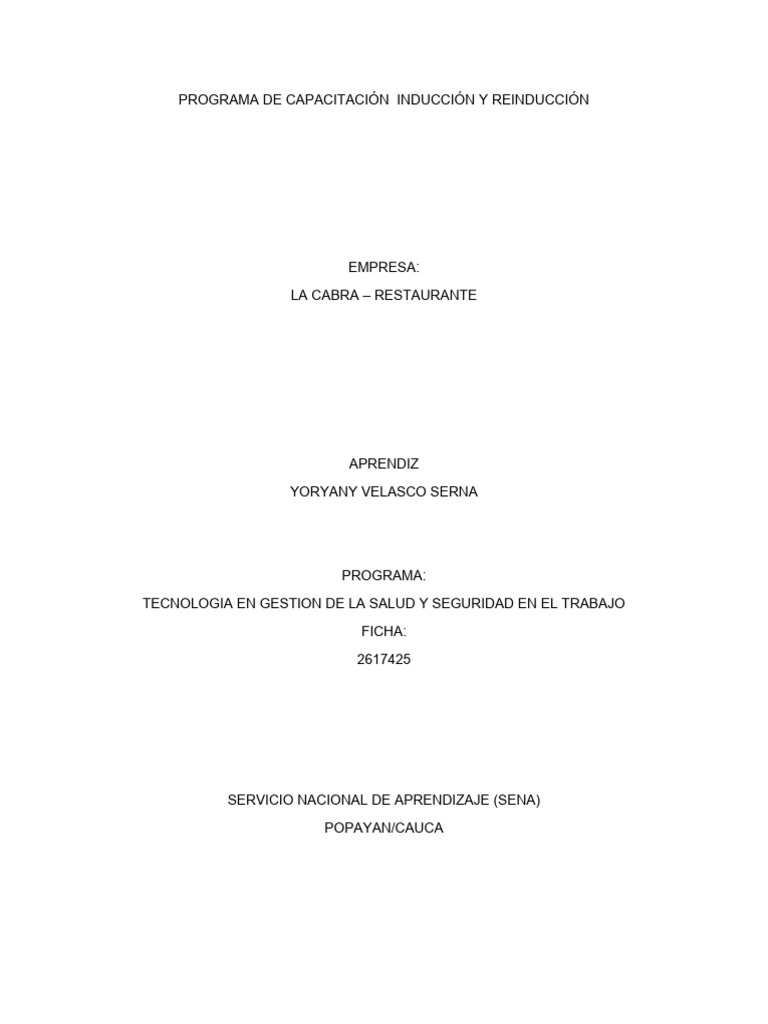 PROGRAMA DE CAPACITACION INDUCCION Y REINDUCCION La CABRA | PDF