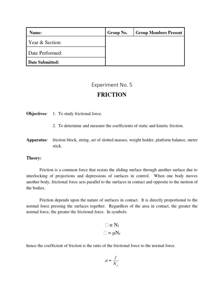 Friction Experiment | PDF | Friction | Force