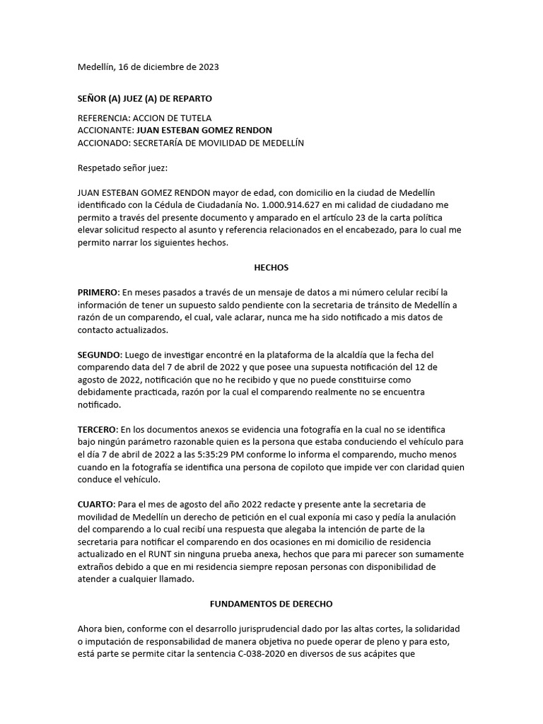 TUTELA Foto Multa | PDF | Derecho Constitucional | Justicia