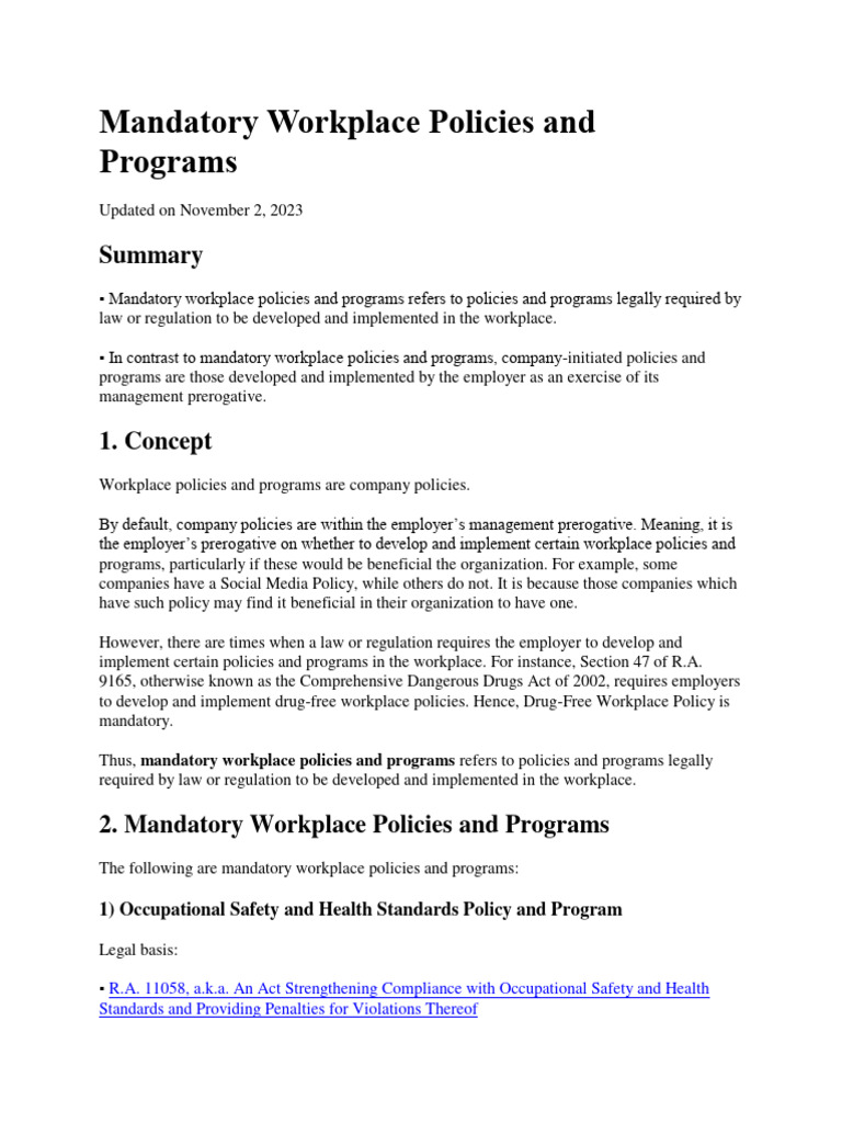 Mandatory Workplace Policies and Programs | Download Free PDF | Welfare ...