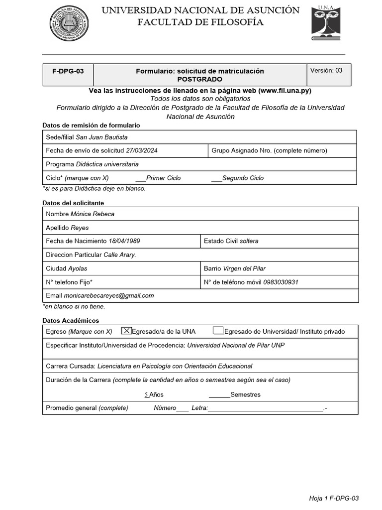 Solicitud de Matriculación Postgrado | PDF