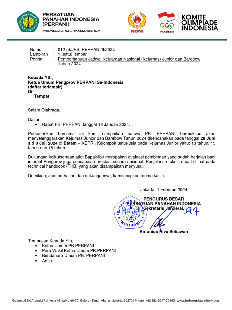 012 Surat Pemb Jadwal Kejurnas Junior & Barebow 2024 | PDF | Perjalanan