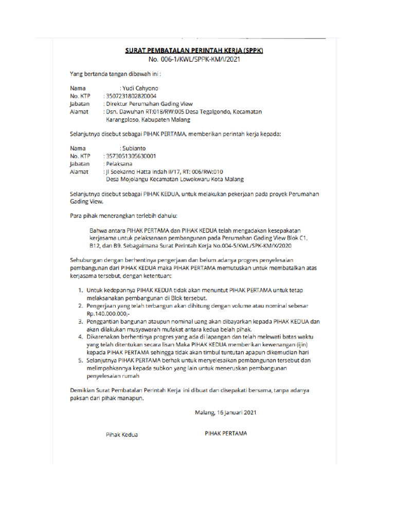 Contoh Surat Pembatalan SPK | PDF