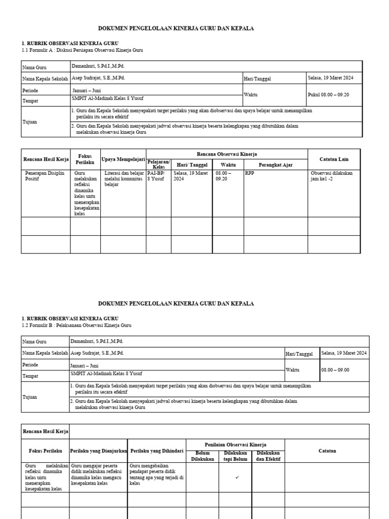 Form A-B-C-D Observasi Kinerja Guru dalam SKP (1) | PDF