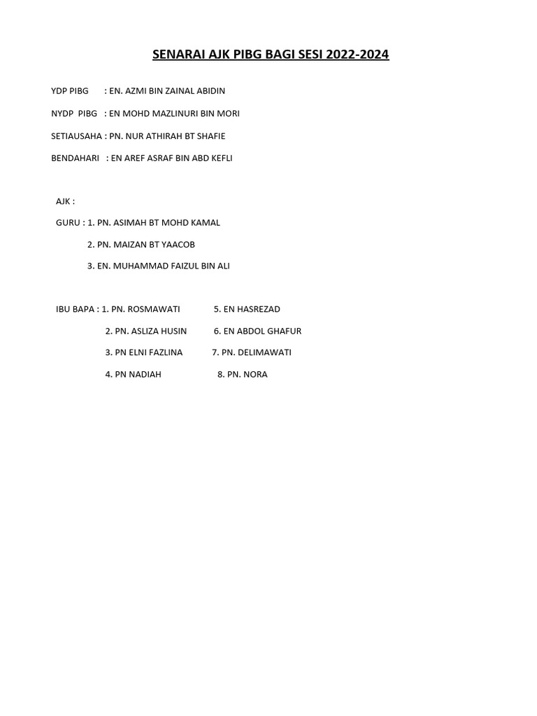 Senarai Ajk Pibg Bagi Sesi 2022-2024 | PDF