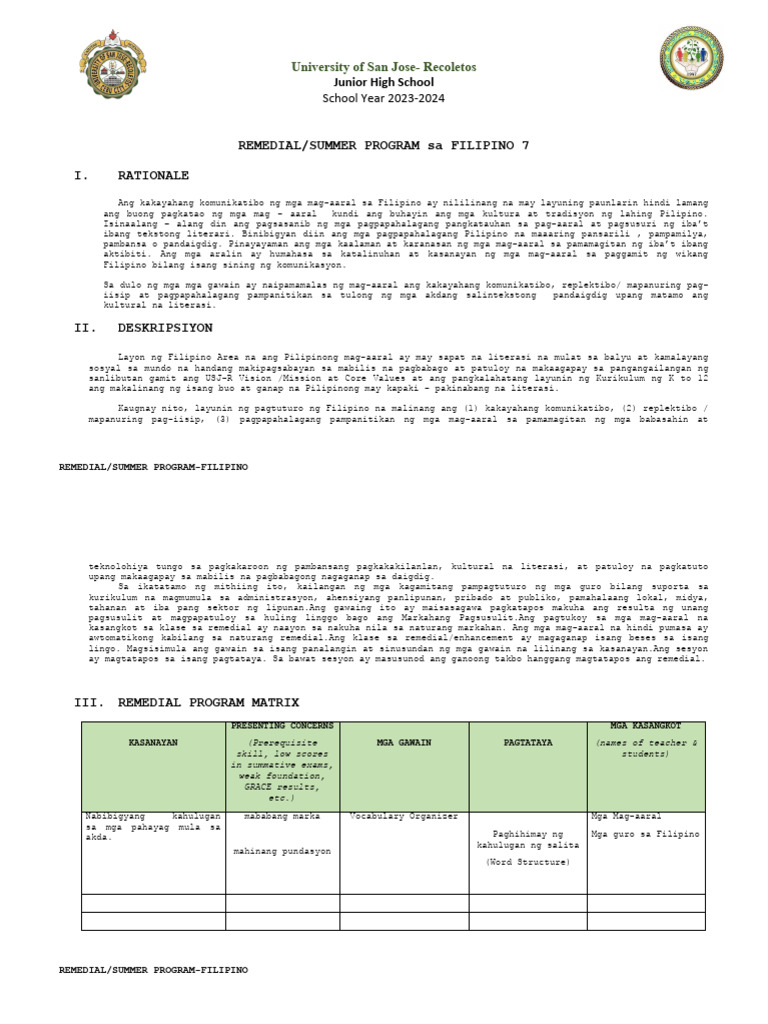 Filipino Summer Program - 2023 2024 | PDF