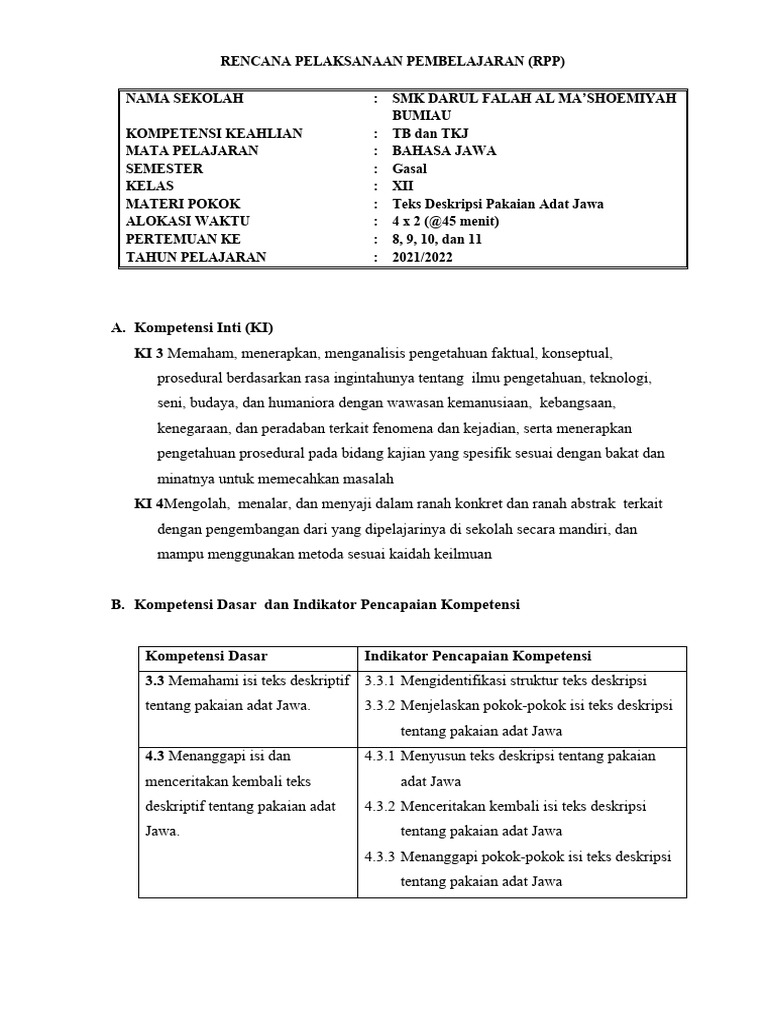 RPP Bahasa Jawa XII SMK | PDF