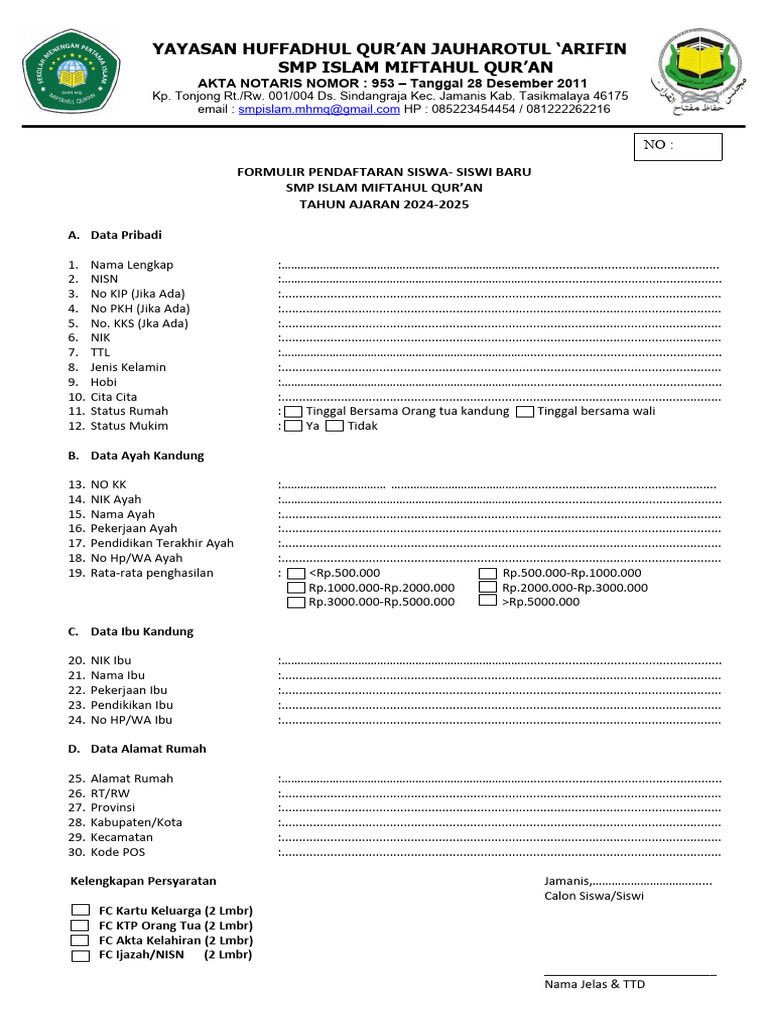 Formulir Pendaftaran SMP 2024 | PDF | Griya & Taman