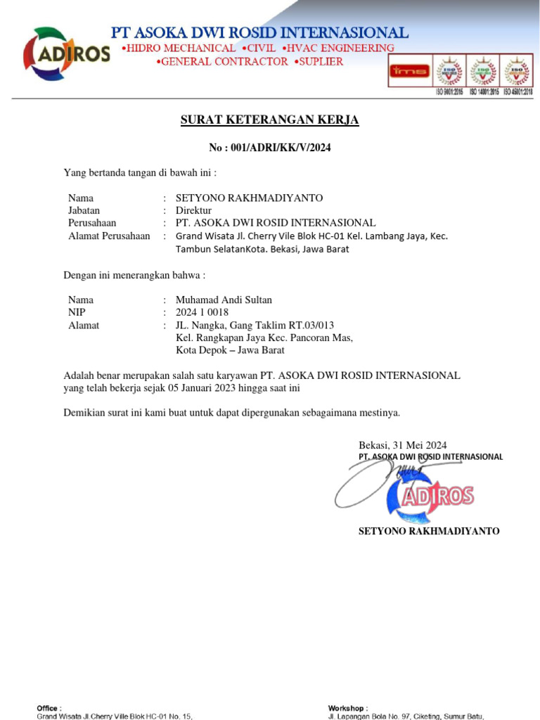 Surat Keterangan Kerja Muhamad Andi Sultan | PDF Surat Keterangan Kerja Muhamad Andi Sultan | PDF