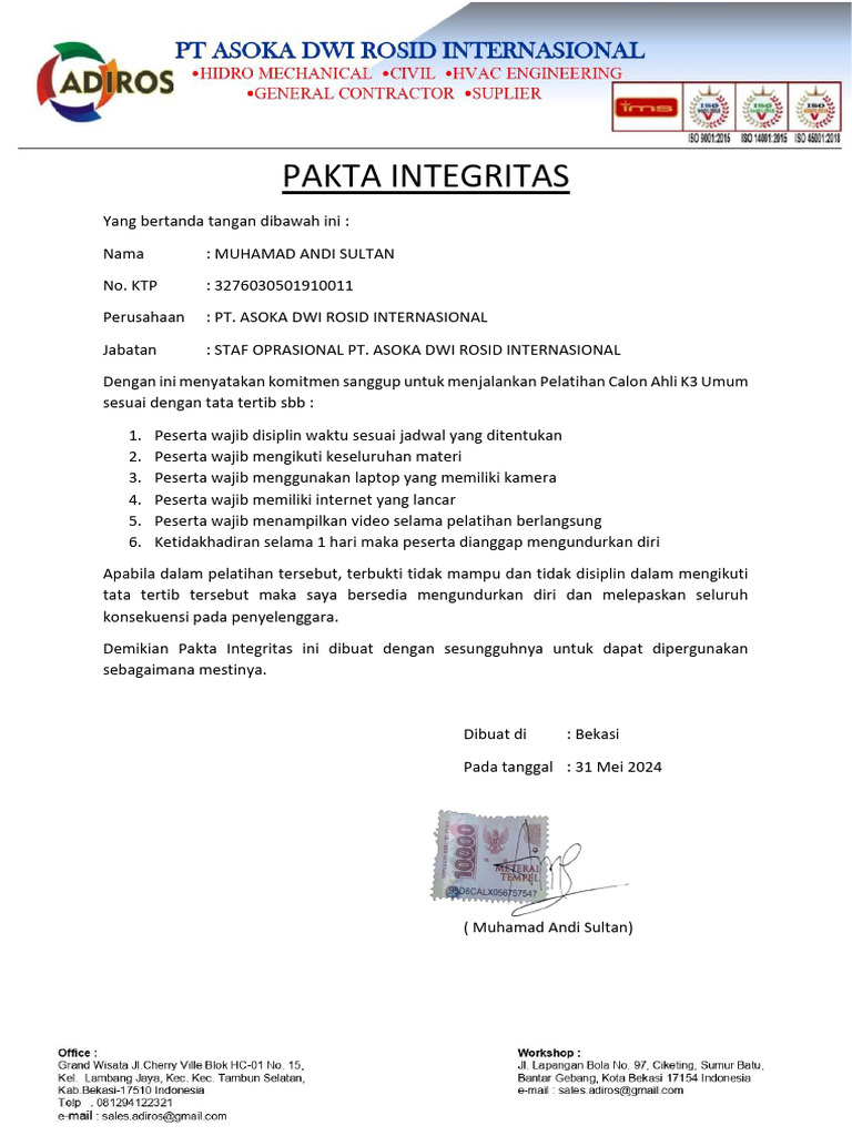 Pakta Integritas Muhamad Andi Sultan | PDF | Pengelolaan Keuangan & Uang