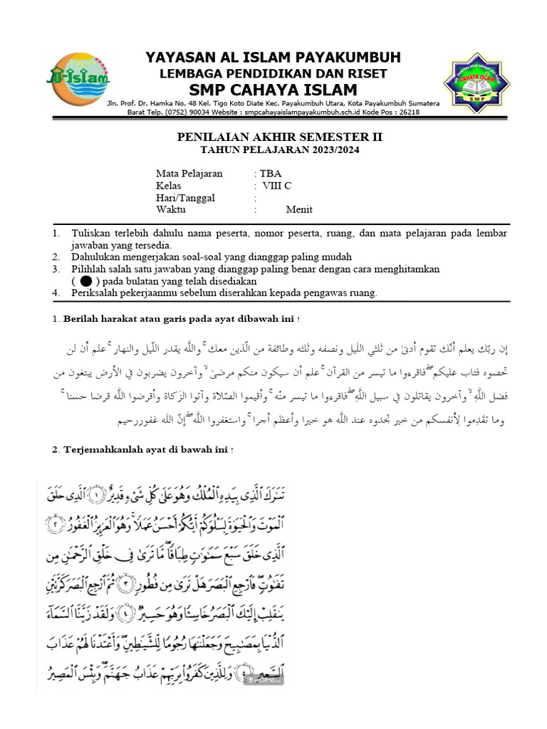 Penilaian Akhir Semester SMP Cahaya Islam | PDF
