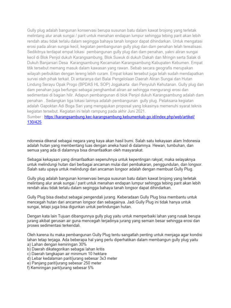 Gully Plug Adalah Bangunan Konservasi Berupa Susunan Batu Dalam Kawat Brojong Yang Terletak ...