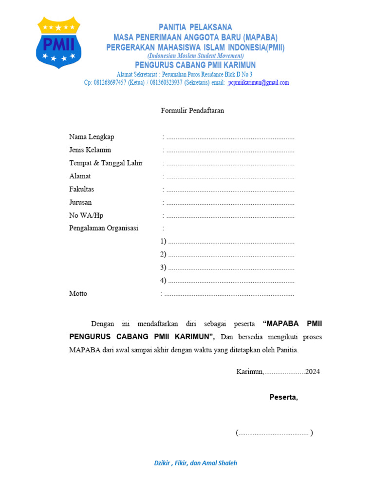 Formulir Mapaba Pmii Karimun Tahun 2024 | PDF