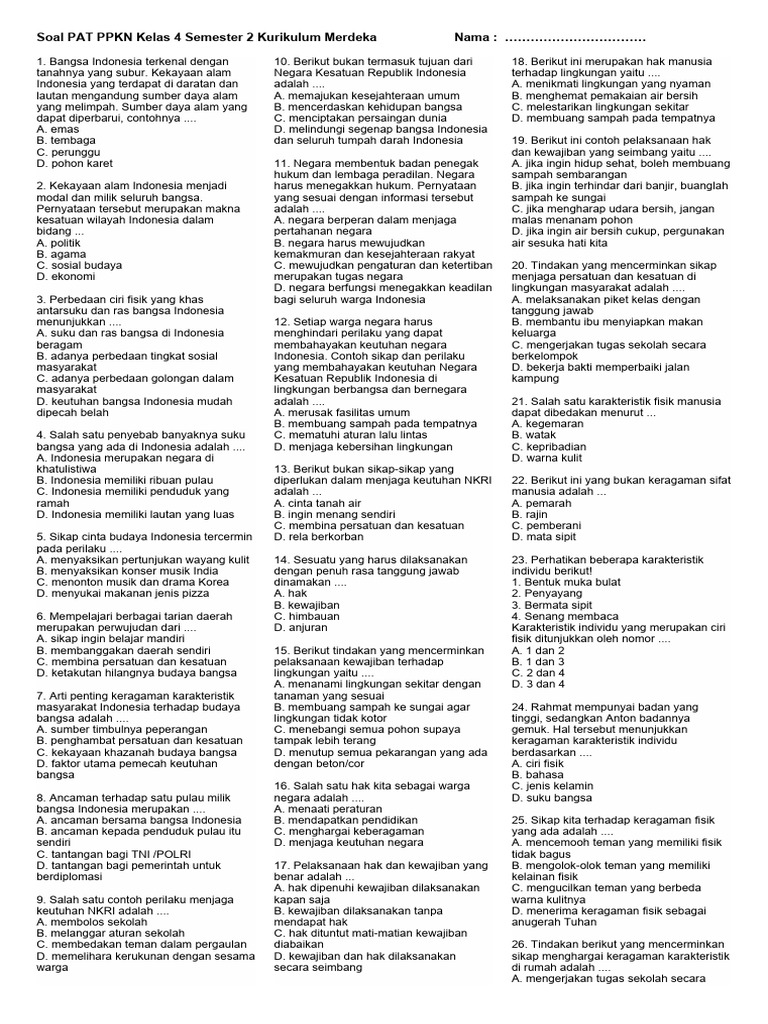 Soal PAT PPKN Kelas 4 Semester 2 Kurikulum Merdeka | PDF