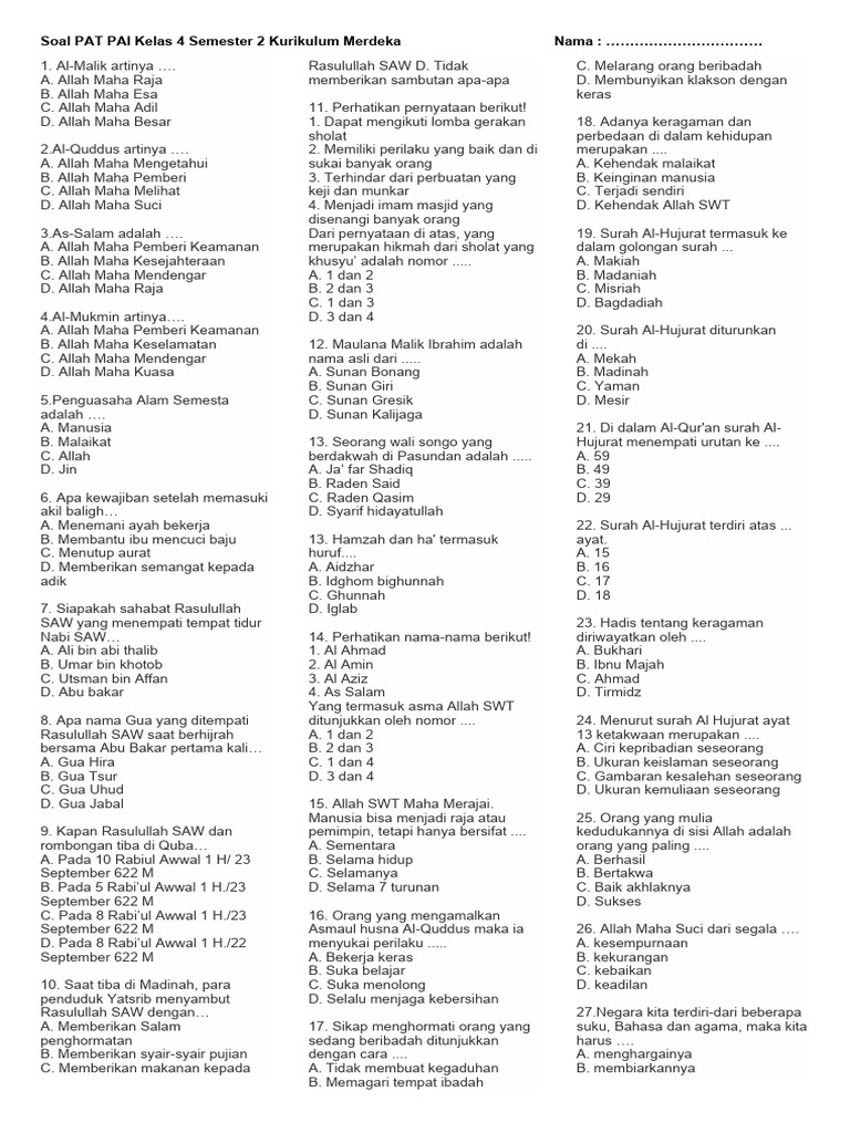 Soal PAT PAI Kelas 4 Semester 2 Kurikulum Merdeka | PDF