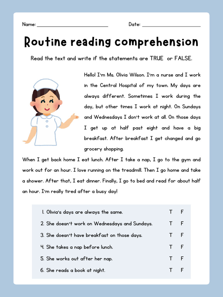 Daily Routine Reading Comprehension Worksheet in Blue White Cute Style ... Daily Routine Reading Comprehension Worksheet in Blue White Cute Style ...