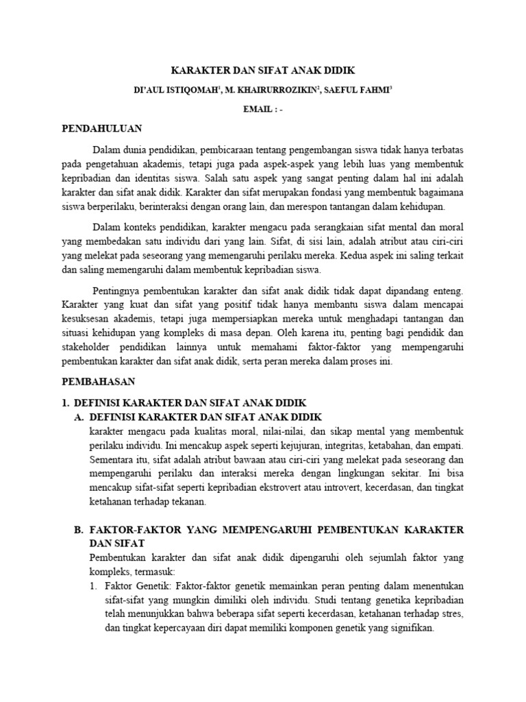 Karakter Dan Sifat Anak Didik. Di'aul Istiqomah | PDF