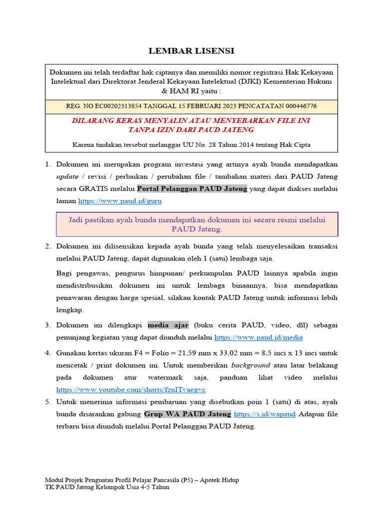 Modul Ajar P5 TK A 4 5 Tahun Smt1 Apotik Hidup 6 HARI | PDF | Karier & Perkembangan ...