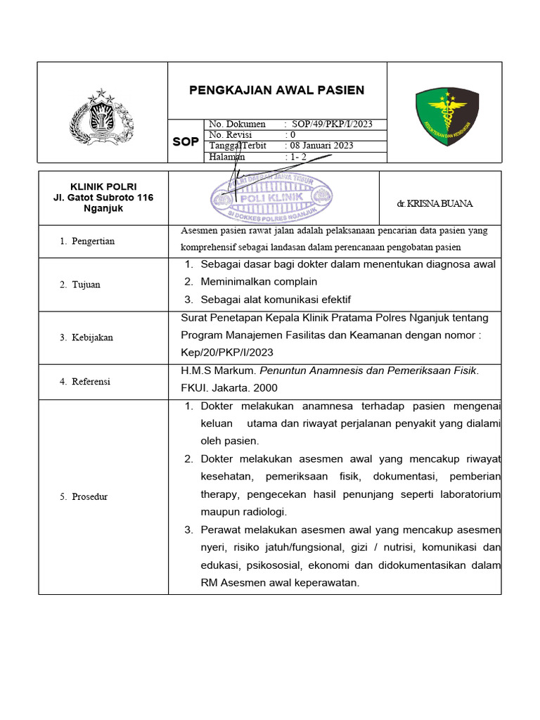 PKP 4 Ep 1 Sop Pengkajian Awal Pasien | PDF