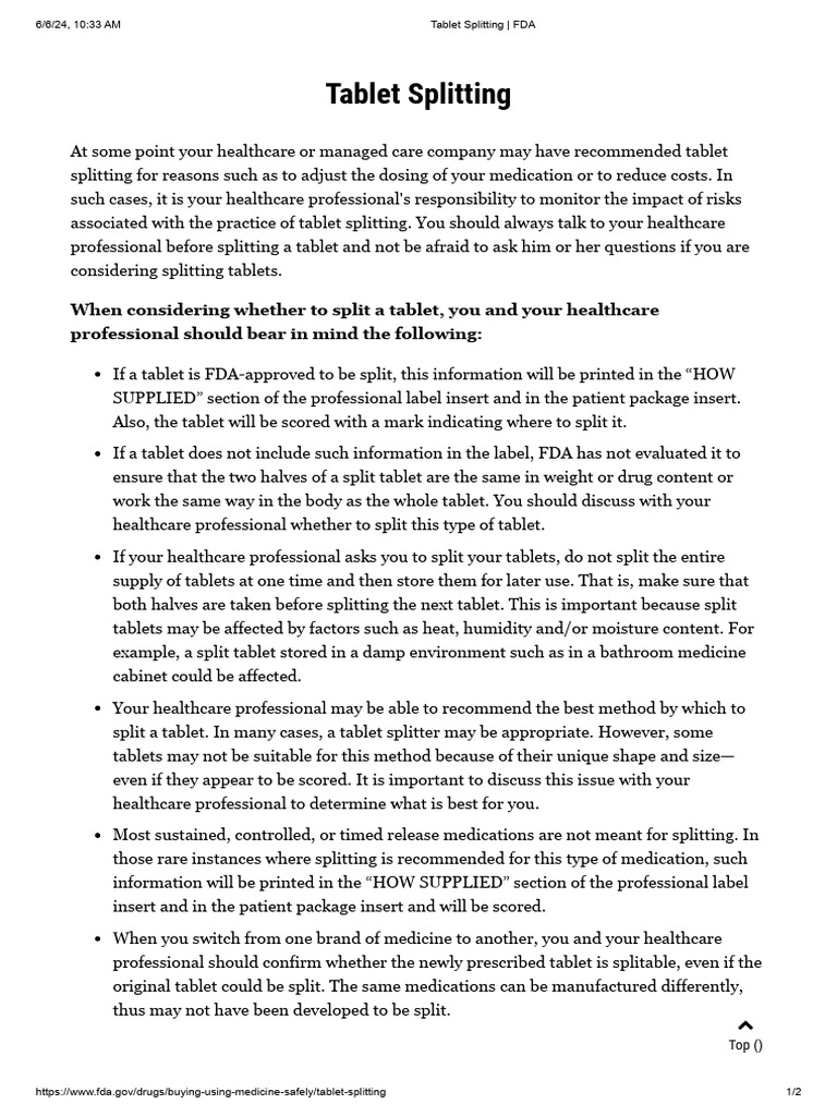 Tablet Splitting - FDA | PDF | Tablet (Pharmacy) | Health Care