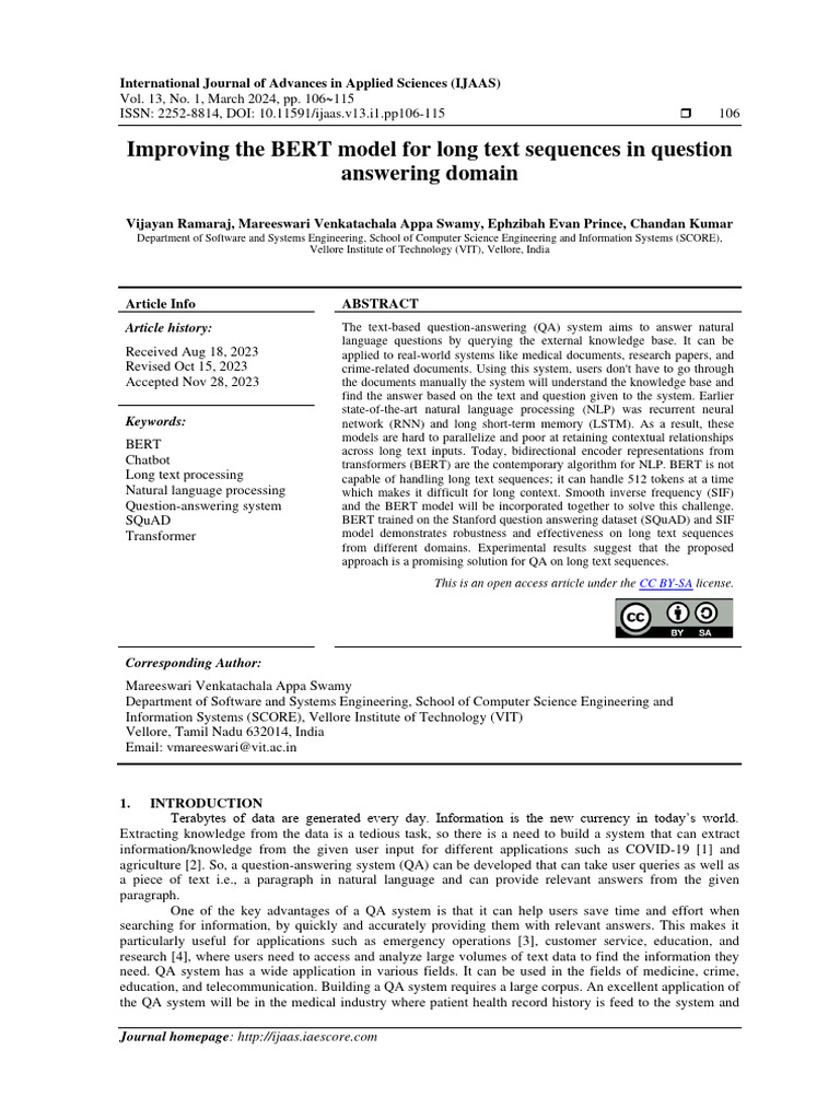 Improving The Bert Model For Long Text Sequences In Question Answering